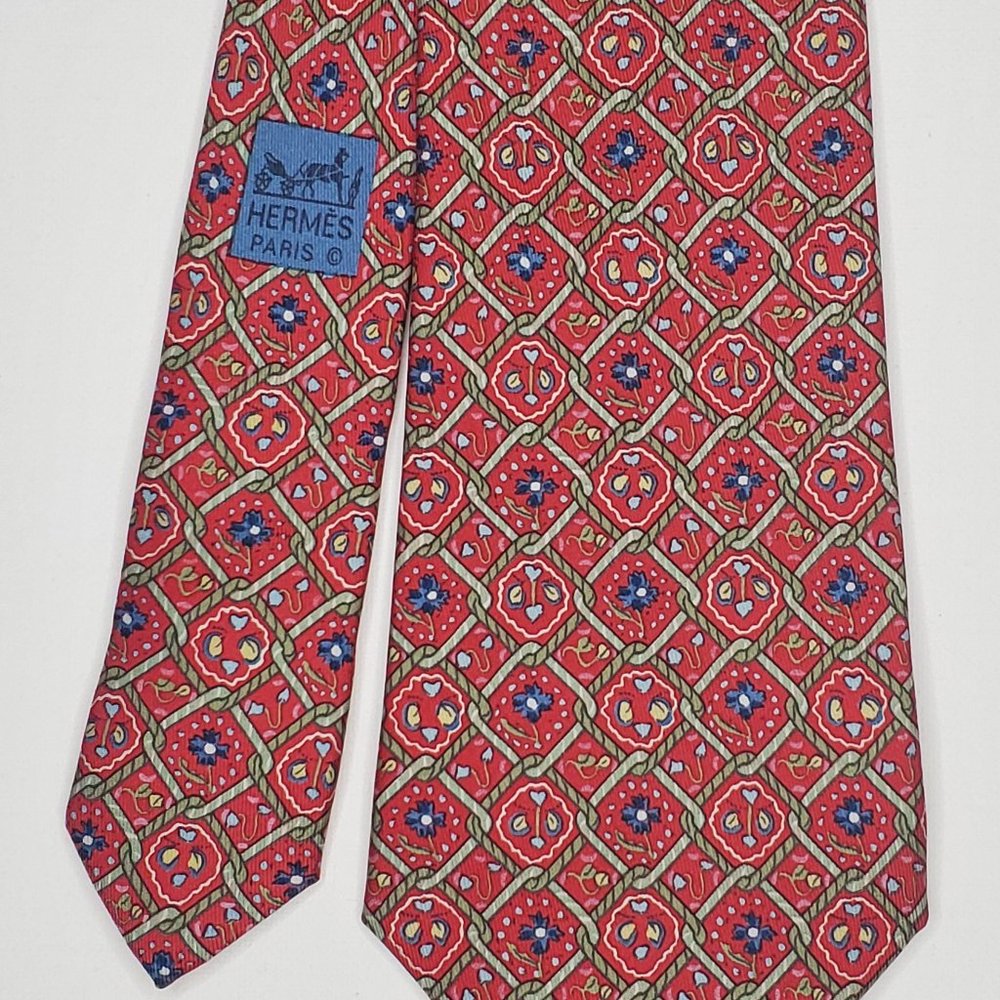 Hermes Classic Silk Red Interlocking Rope Print Tie V… - Gem